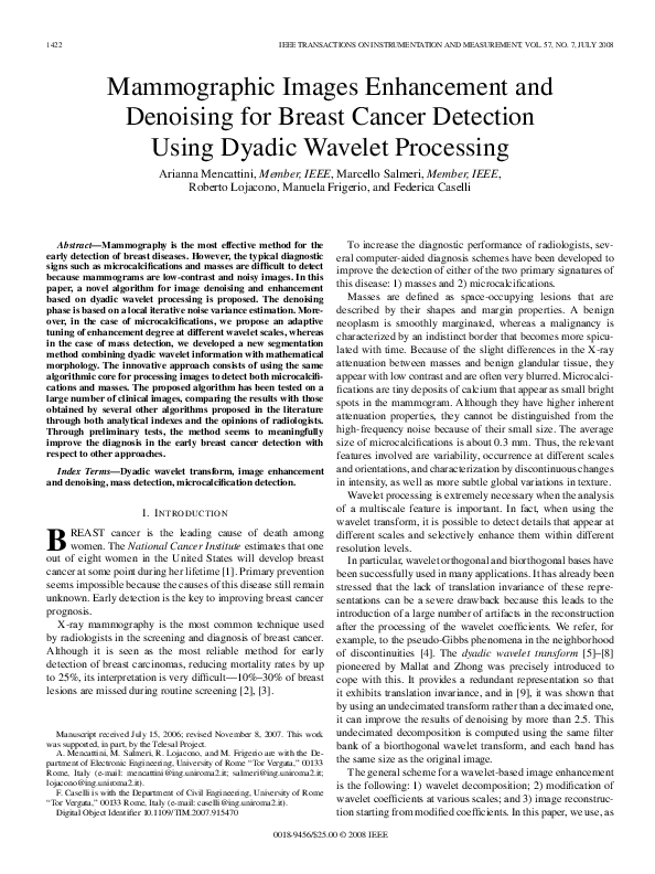 (PDF) Mammographic Images Enhancement and Denoising for Breast Cancer Detection Using Dyadic ...