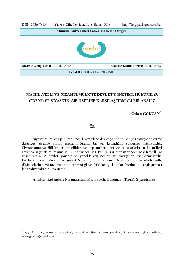 (PDF) MACHIAVELLI VE NİZAMÜLMÜLK’TE DEVLET YÖNETİMİ: HÜKÜMDAR (PRENS) VE SİYASETNAME ÜZERİNE ...