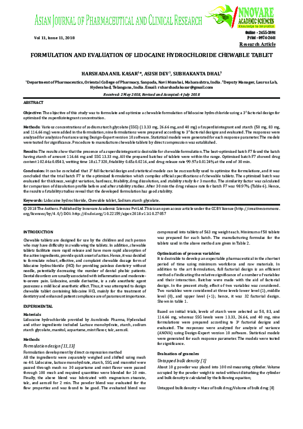 (PDF) Formulation and Evaluation of Lidocaine Hydrochloride Chewable Tablet