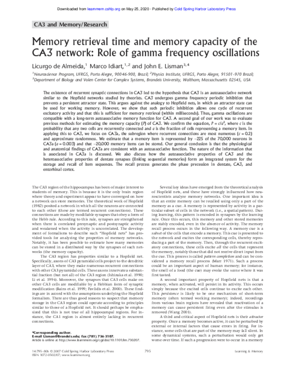 (PDF) Memory retrieval time and memory capacity of the CA3 network: role of gamma frequency ...