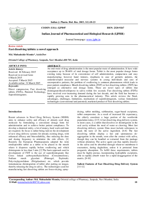 Pdf Fast Dissolving Tablets A Novel Approach