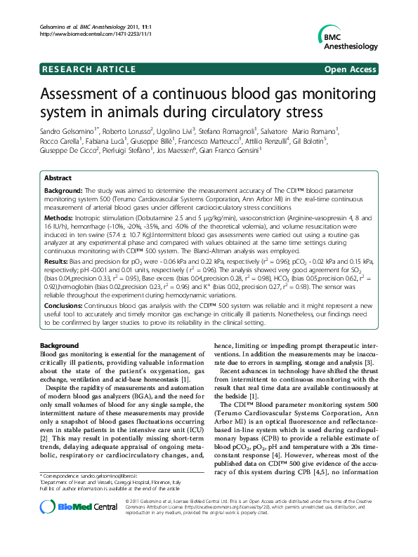 (PDF) Assessment of a continuous blood gas monitoring system in animals ...