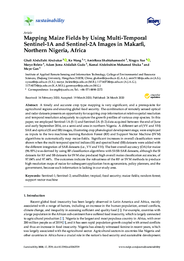 Pdf Mapping Maize Fields By Using Multi Temporal Sentinel 1a And Sentinel 2a Images In Makarfi