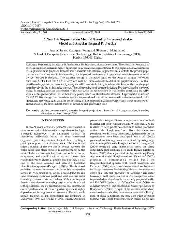 A New Iris Segmentation Method Based on Improved Snake Model and Angular Integral Projection