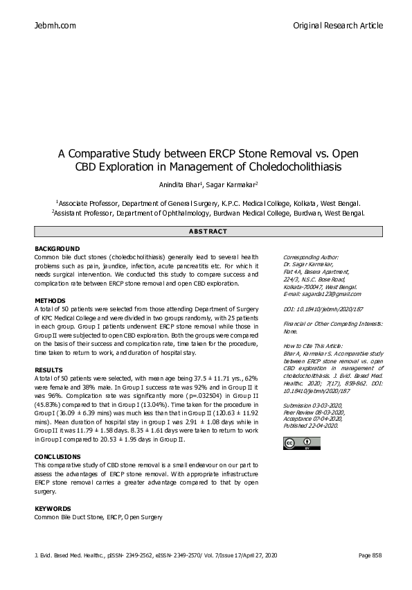 (PDF) A Comparative Study between ERCP Stone Removal vs. Open CBD ...