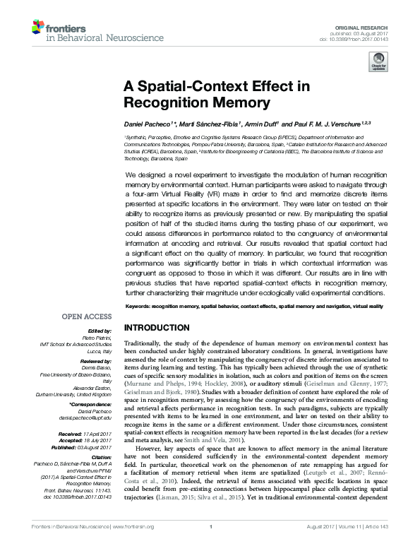 Pdf A Spatial Context Effect In Recognition Memory