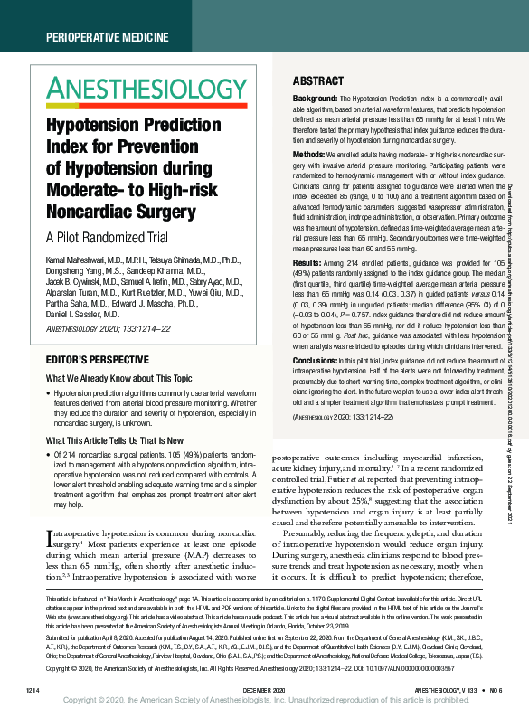 (PDF) Hypotension Prediction Index for Prevention of Hypotension during ...