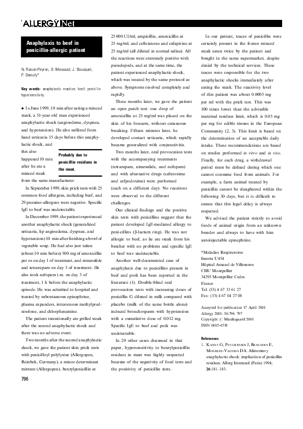 (PDF) Anaphylaxis to beef in penicillin-allergic patient