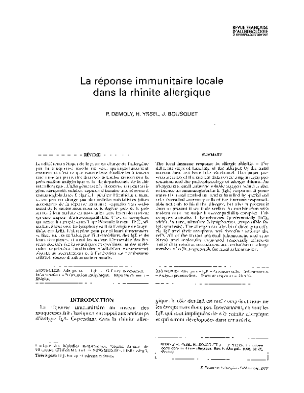 (PDF) La réponse immunitaire locale dans la rhinite allergique
