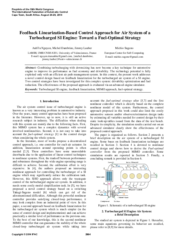 Pdf Feedback Linearization Based Control Approach For Air System Of A Turbocharged Si Engine