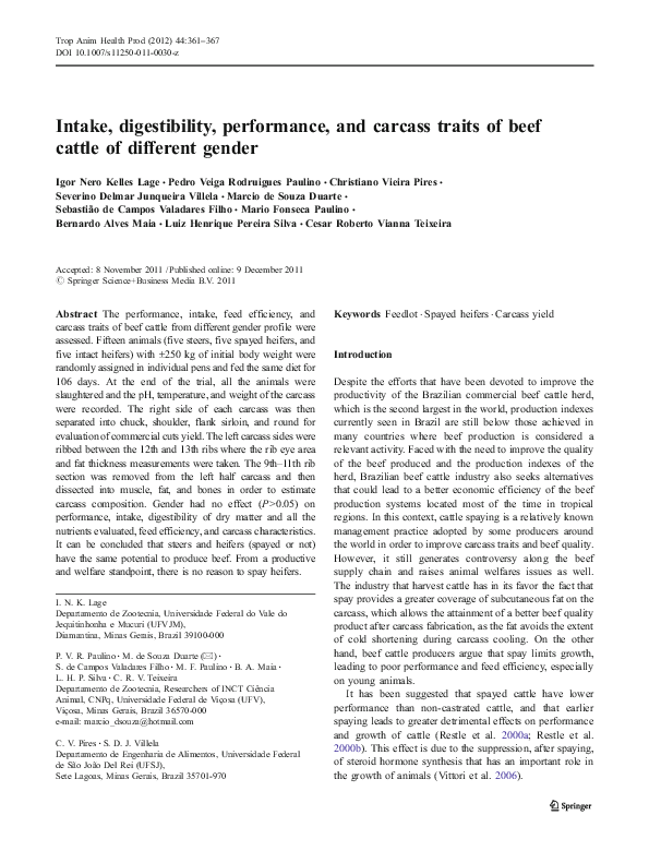 (PDF) Intake, digestibility, performance, and carcass traits of beef ...