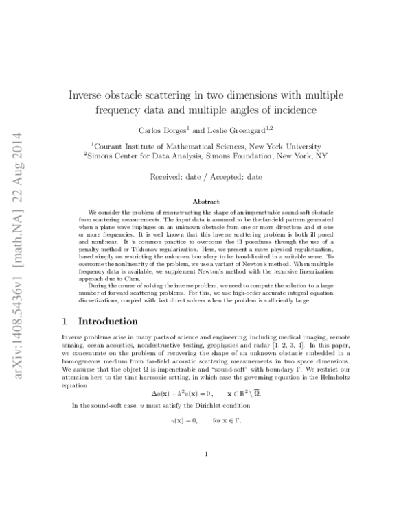 (PDF) Inverse Obstacle Scattering in Two Dimensions with Multiple Frequency Data and Multiple ...