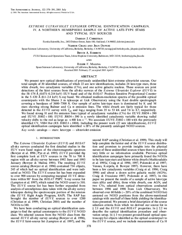(PDF) Extreme Ultraviolet Explorer Optical Identification Campaign.III ...