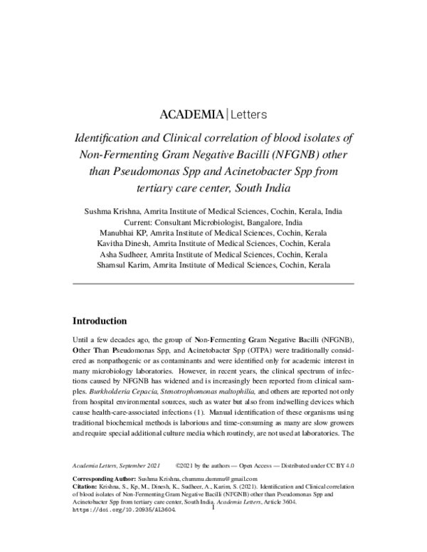 (PDF) Identification and Clinical correlation of blood isolates of Non ...