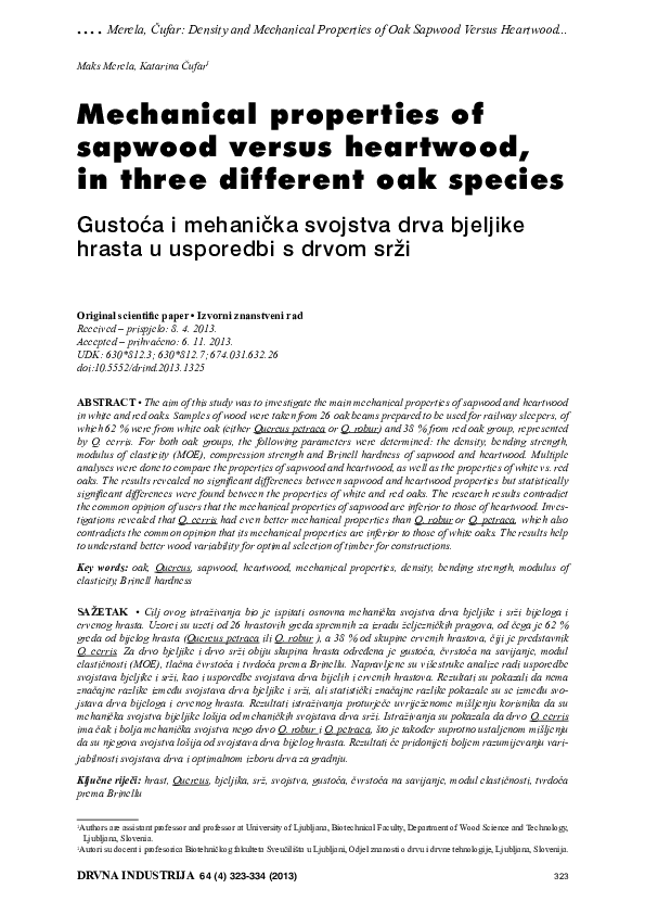 (PDF) Density and Mechanical Properties of Oak Sapwood Versus Heartwood