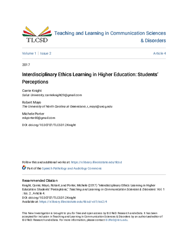(PDF) Interdisciplinary Ethics Learning in Higher Education: Students' Perceptions