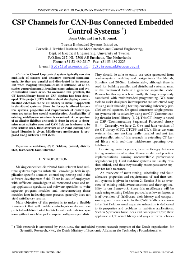 (PDF) CSP channels for CAN-bus connected embedded control systems