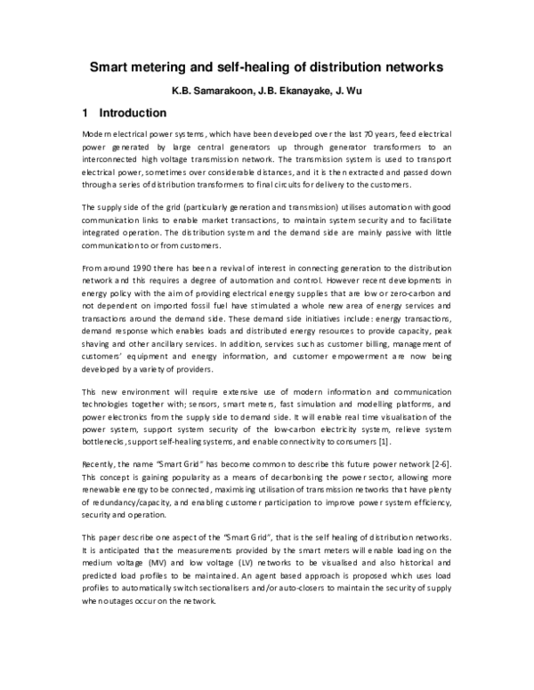 (PDF) Smart metering and self-healing of distribution networks