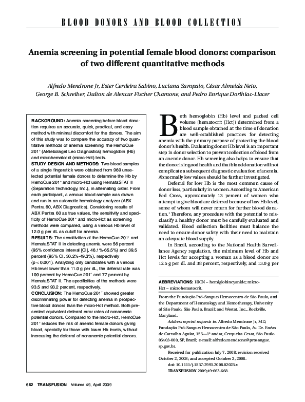 (PDF) Anemia screening in potential female blood donors: comparison of ...