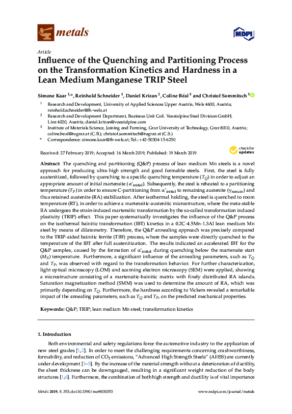 (PDF) Influence of the Quenching and Partitioning Process on the Transformation Kinetics and ...