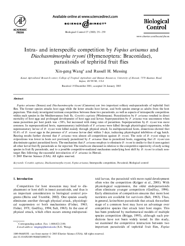 (PDF) ) Intra- and interspecific competition by Fopius arisanus and ...