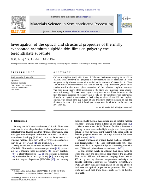 (PDF) Investigation of the optical and structural properties of thermally evaporated cadmium ...