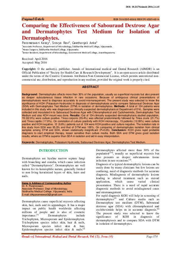 (PDF) Comparing the Effectiveness of Sabouraud Dextrose Agar and ...