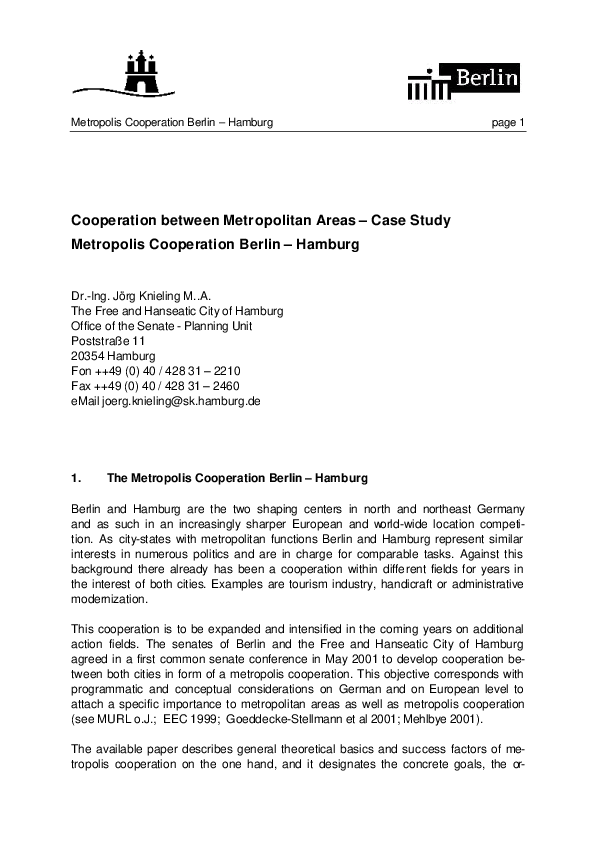 (PDF) Cooperation of metropolitan areas - case study metropolis cooperation Berlin - Hamburg