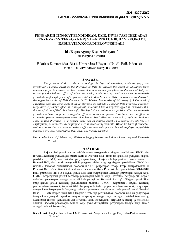 (PDF) Pengaruh Tingkat Pendidikan, Umk, Investasi Terhadap Penyerapan Tenaga Kerja Dan ...