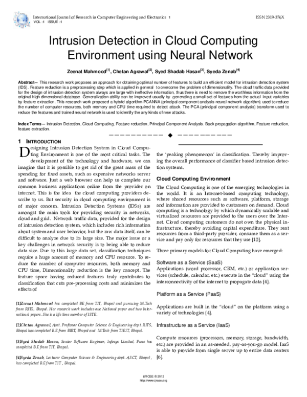 (PDF) Intrusion Detection in Cloud Computing Environment using Neural Network