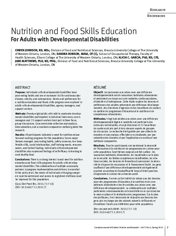 (PDF) Nutrition and food Skills Education For Adults with Developmental ...