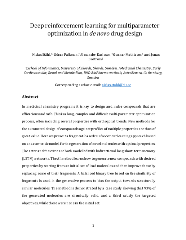 (PDF) Reinforcement Learning for Optimal de novo Drug Design