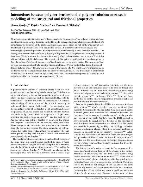 (PDF) Interactions between polymer brushes and a polymer solution: mesoscale modelling of the ...