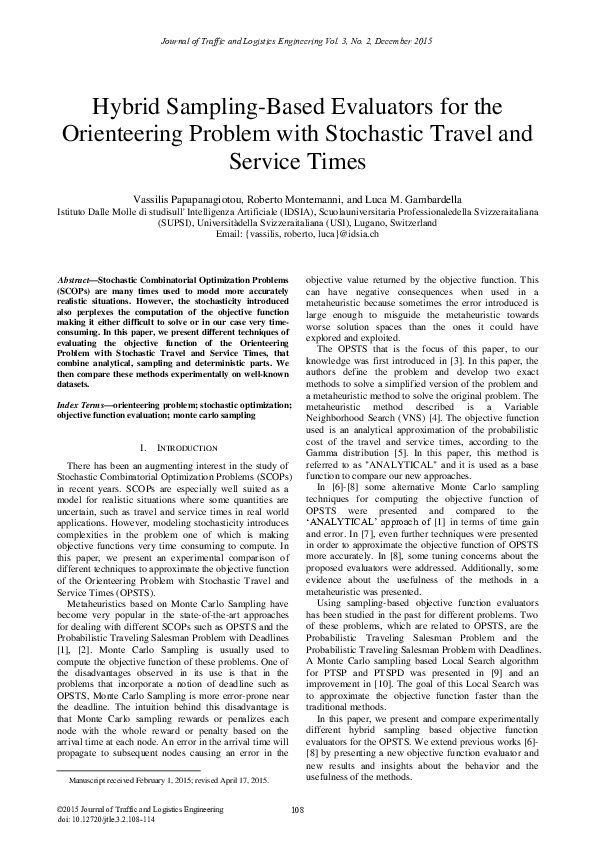 (PDF) Hybrid Sampling-Based Evaluators for the Orienteering Problem with Stochastic Travel and ...