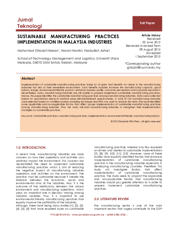 (PDF) Sustainable Manufacturing Practices Implementation in Malaysia Industries