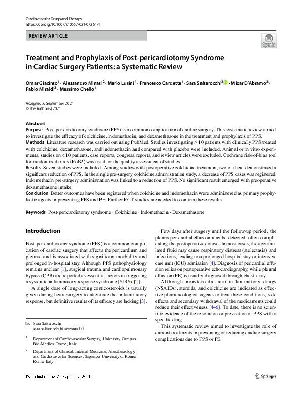 (PDF) Treatment and Prophylaxis of Post-pericardiotomy Syndrome in Cardiac Surgery Patients: a ...