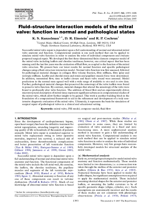 Pdf Fluid Structure Interaction Models Of The Mitral Valve Function In Normal And