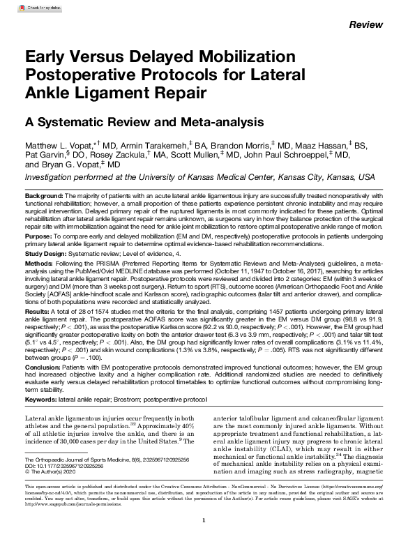 (PDF) Early Versus Delayed Mobilization Postoperative Protocols for Lateral Ankle Ligament ...