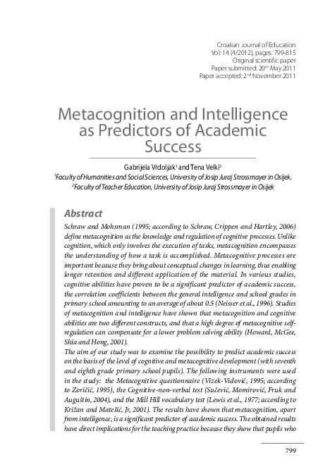(PDF) Metacognition and Intelligence as Predictors of Academic Success