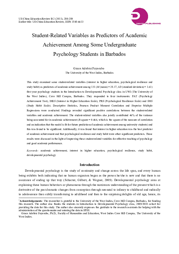 (PDF) Student related variables as predictors of academic performance ...