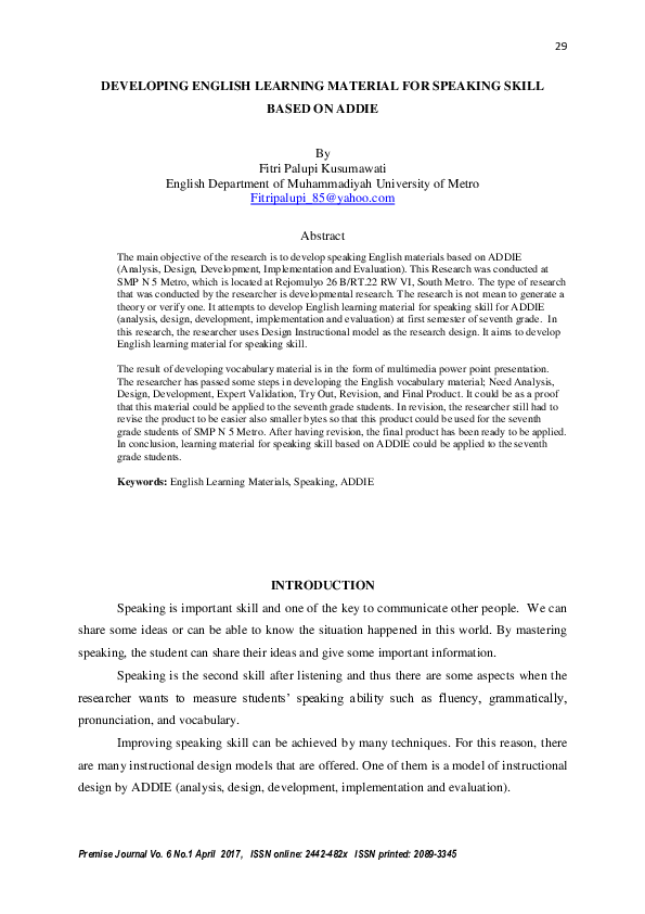 (PDF) Developing English Learning Material for Speaking Skill Based on Addie