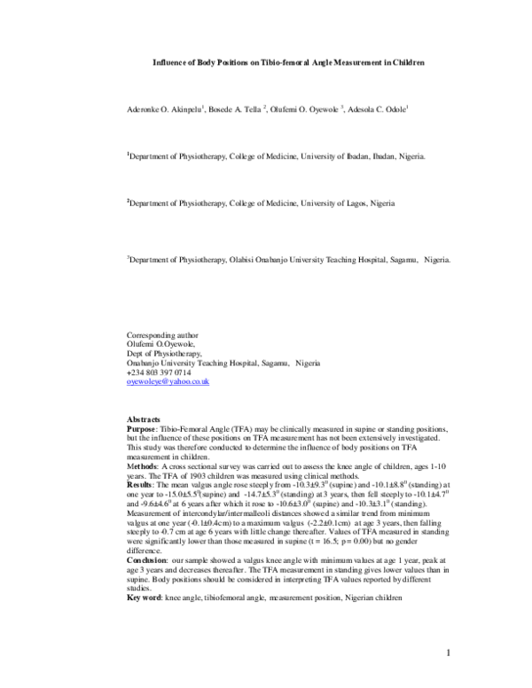 (PDF) Influence Of Body Positions On Tibio-Femoral Angle Measurement In ...
