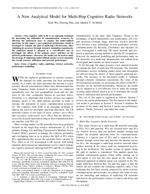 Pdf A New Analytical Model For Multi Hop Cognitive Radio Networks