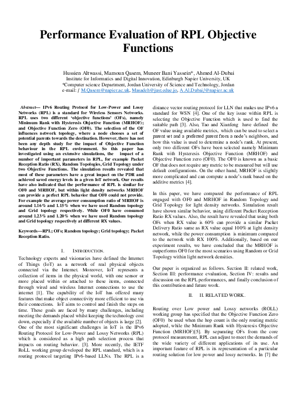 Pdf Performance Evaluation Of Rpl Objective Functions