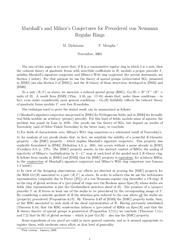 (PDF) Marshall's and Milnor's Conjectures for Preordered von Neumann ...
