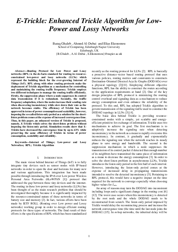 Pdf E Trickle Enhanced Trickle Algorithm For Low Power And Lossy Networks Ahmed Al Dubai