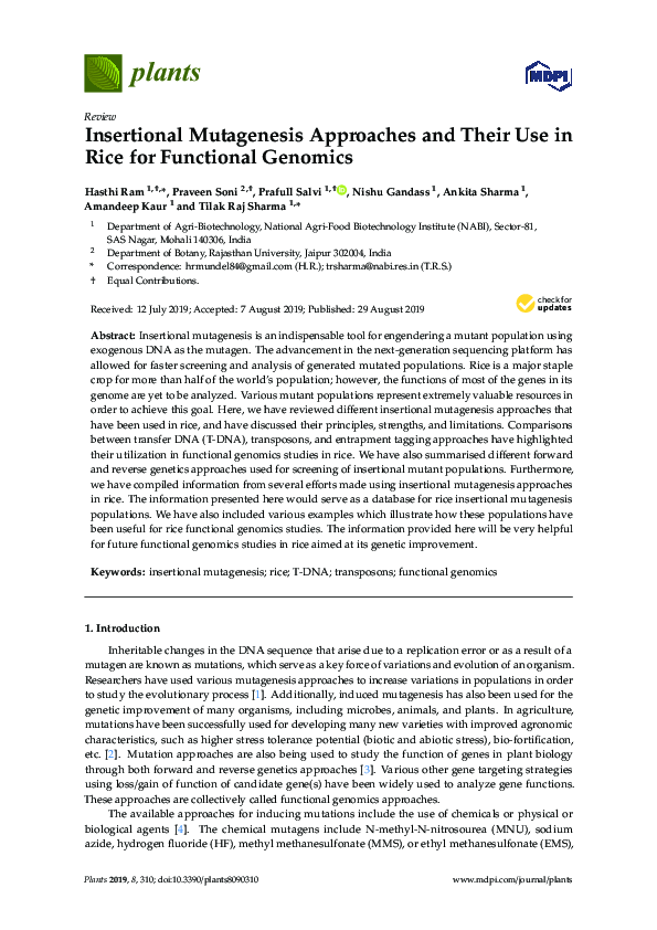 (PDF) Insertional Mutagenesis Approaches and Their Use in Rice for Functional Genomics