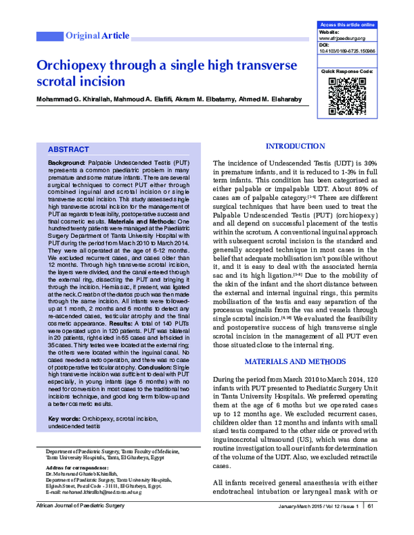 (PDF) Orchiopexy through a single high transverse scrotal incision