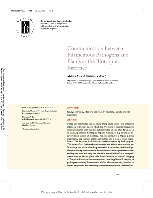 (PDF) Communication Between Filamentous Pathogens and Plants at the ...