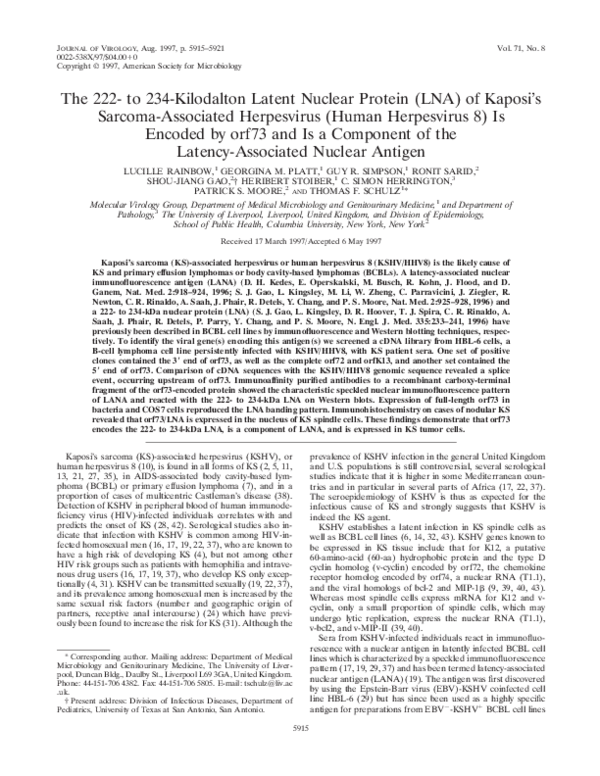 (PDF) Rainbow, L. et al. The 222- to 234-kilodalton latent nuclear protein (LNA) of Kaposi's ...